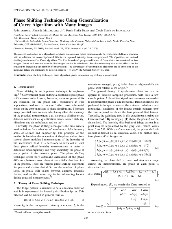 (PDF) Phase shifting technique using generalization of Carre algorithm with many images
