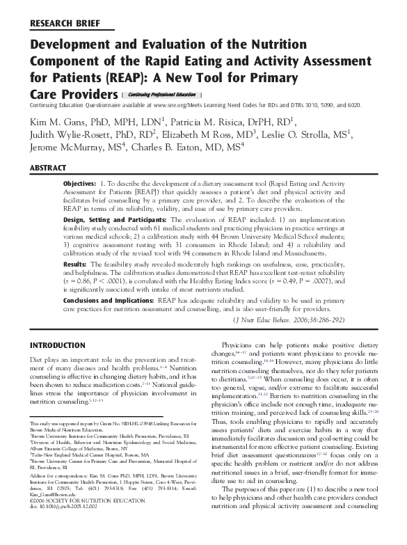 (PDF) Development and evaluation of the nutrition component of the ...