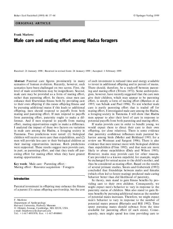 (PDF) Male care and mating effort among Hadza foragers