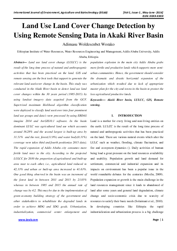 (PDF) Land Use Land Cover Change Detection by Using Remote Sensing Data in Akaki River Basin