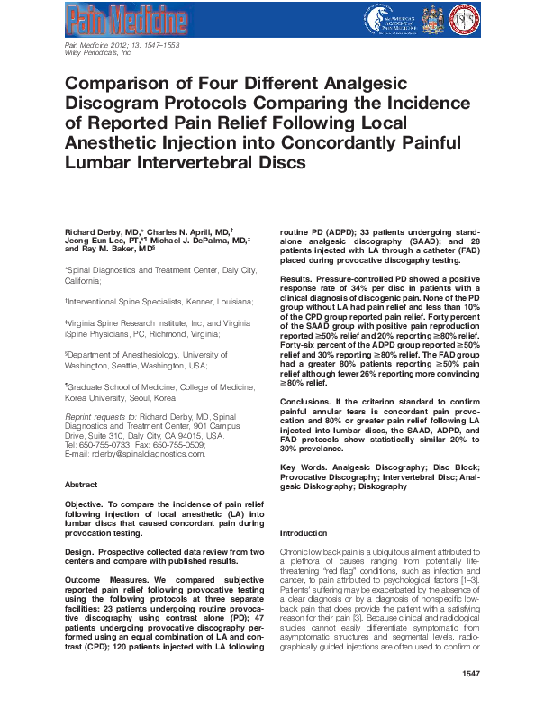 (PDF) Comparison of Four Different Analgesic Discogram Protocols ...