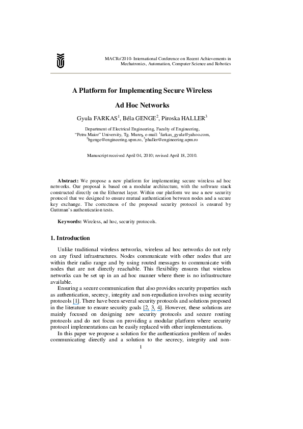(PDF) A Platform for Implementing Secure Wireless Ad Hoc Networks