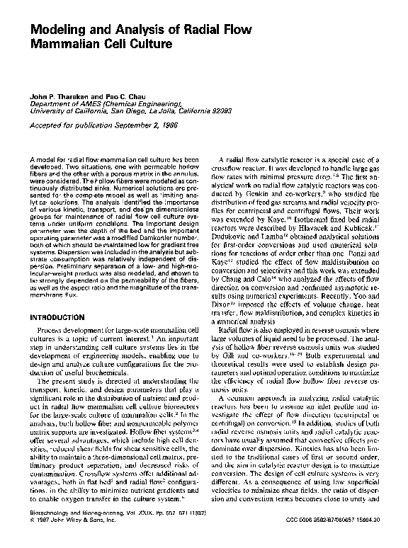 (PDF) Modeling and analysis of radial flow mammalian cell culture