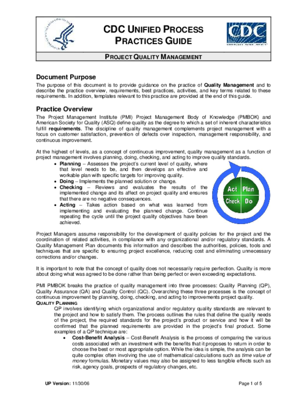 (PDF) CDC UNIFIED PROCESS PRACTICES GUIDE PROJECT QUALITY MANAGEMENT