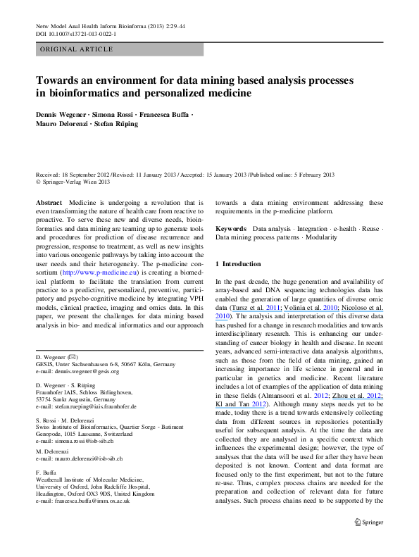(PDF) Towards an environment for data mining based analysis processes in bioinformatics and ...