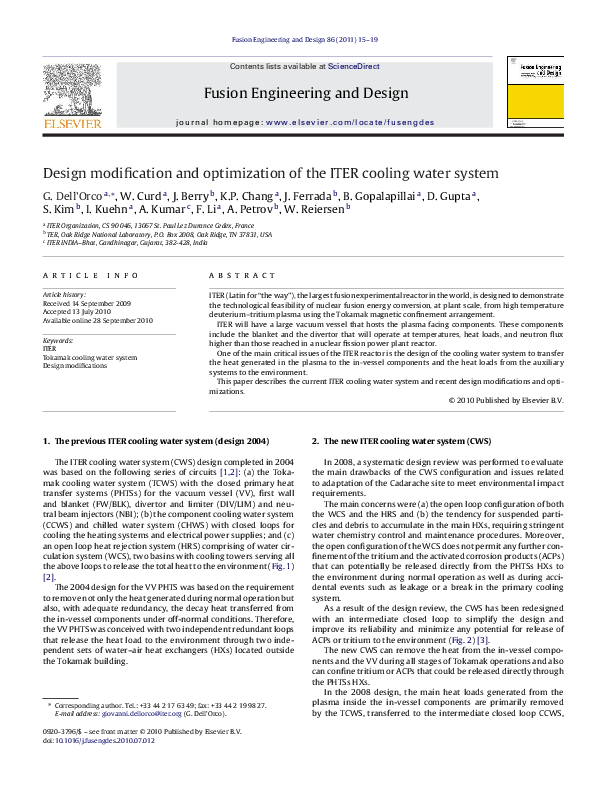 (PDF) Design modification and optimization of the ITER cooling water system
