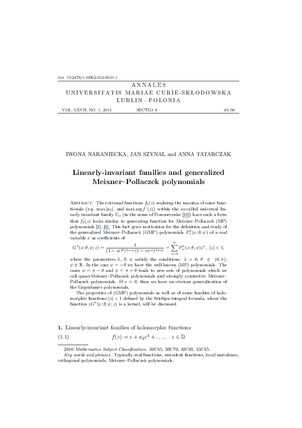 (PDF) Linearly-invariant families and generalized Meixner–Pollaczek ...