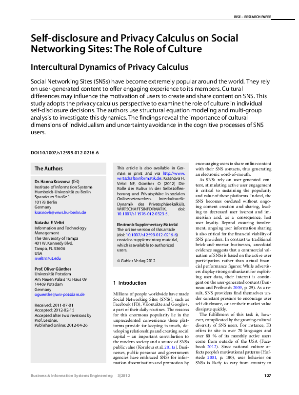 (PDF) Self-disclosure and Privacy Calculus on Social Networking Sites ...