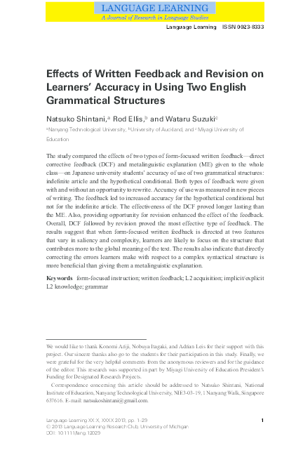 (PDF) Effects of Written Feedback and Revision on Learners’ Accuracy in ...