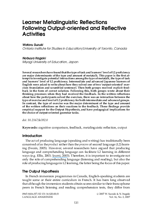 (PDF) Learner Metalinguistic Reflections Following Output-oriented and ...