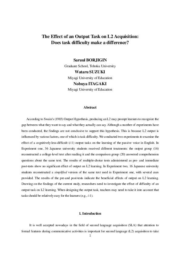 (PDF) The effect of an output task on L2 acquisition: Does task difficulty make a difference ...