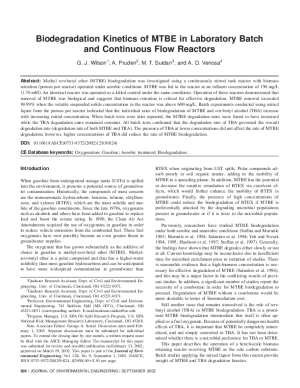 (PDF) Biodegradation kinetics of MTBE in laboratory batch and continuous flow reactors