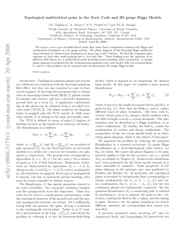 (PDF) Topological multicritical point in the Toric Code and 3D gauge Higgs Models