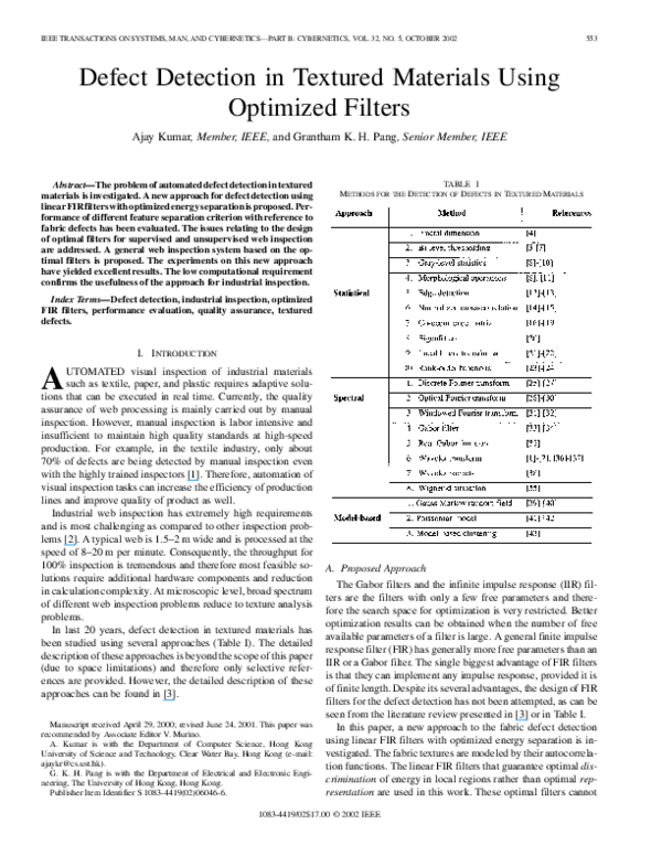 (PDF) Defect Detection In Textured Materials Using Optimized Filters (PDF) Defect Detection In Textured Materials Using Optimized Filters
