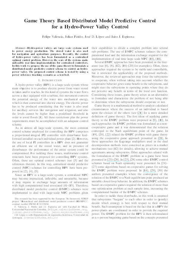 Pdf Game Theory Based Distributed Model Predictive Control For A Hydro Power Valley Control