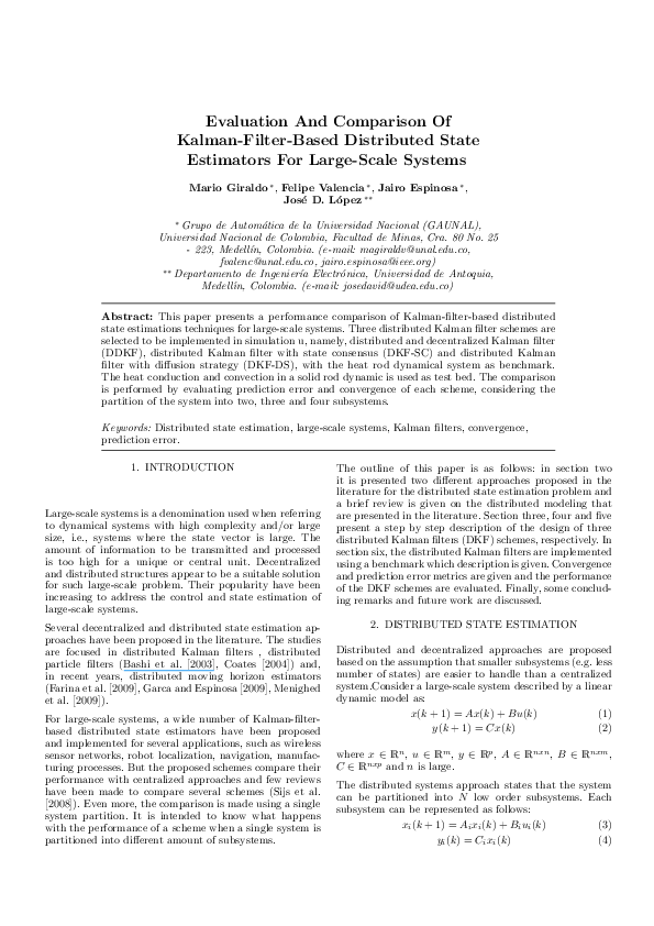 Pdf Evaluation And Comparison Of Kalman Filter Based Distributed State Estimators For Large
