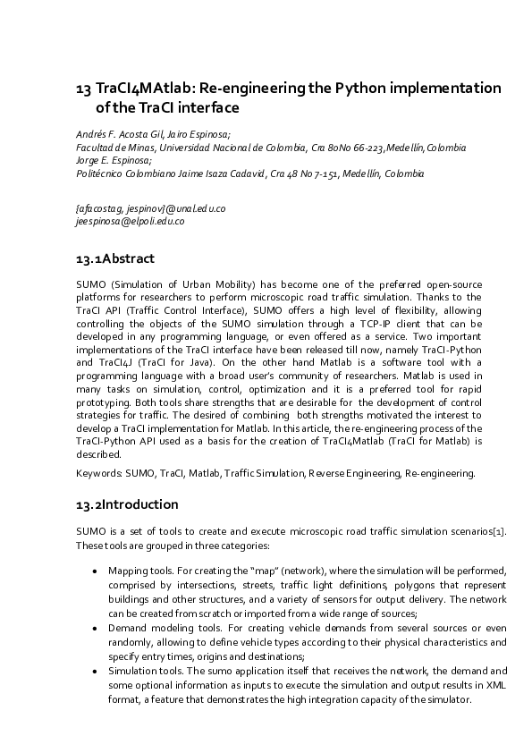 (PDF) TraCI4Matlab: Re-engineering the Python implementation of the TraCI interface