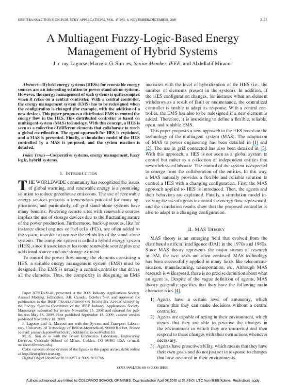 (PDF) A Multi-Agent Fuzzy Logic Based Energy Management of Hybrid Systems