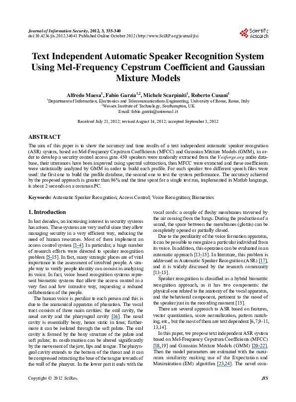 Pdf Text Independent Automatic Speaker Recognition Using Selforganizing Maps