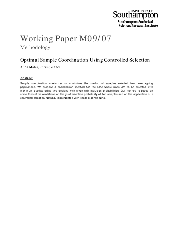Pdf Optimal Sample Coordination Using Controlled Selection Christopher Skinner