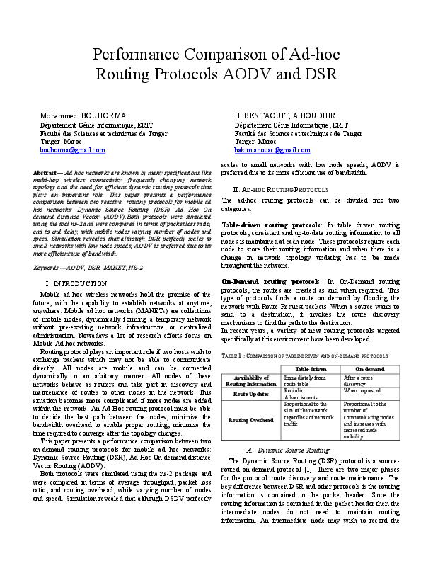 (PDF) Performance comparison of ad-hoc routing protocols AODV and DSR (PDF) Performance comparison of ad-hoc routing protocols AODV and DSR