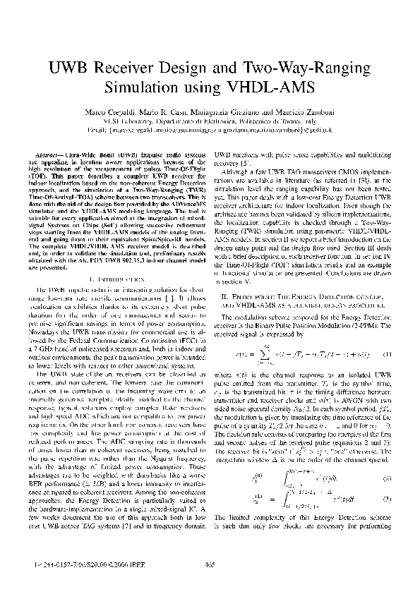 Pdf Uwb Receiver Design And Two Way Ranging Simulation Using Vhdl Ams