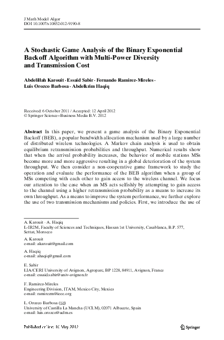 Pdf A Stochastic Game Analysis Of The Binary Exponential