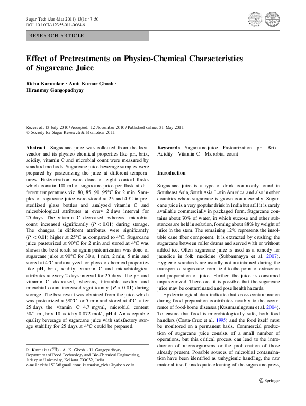 (PDF) Effect of Pretreatments on Physico-Chemical Characteristics of Sugarcane Juice