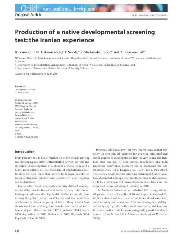 (PDF) Production of a native developmental screening test: the Iranian ...