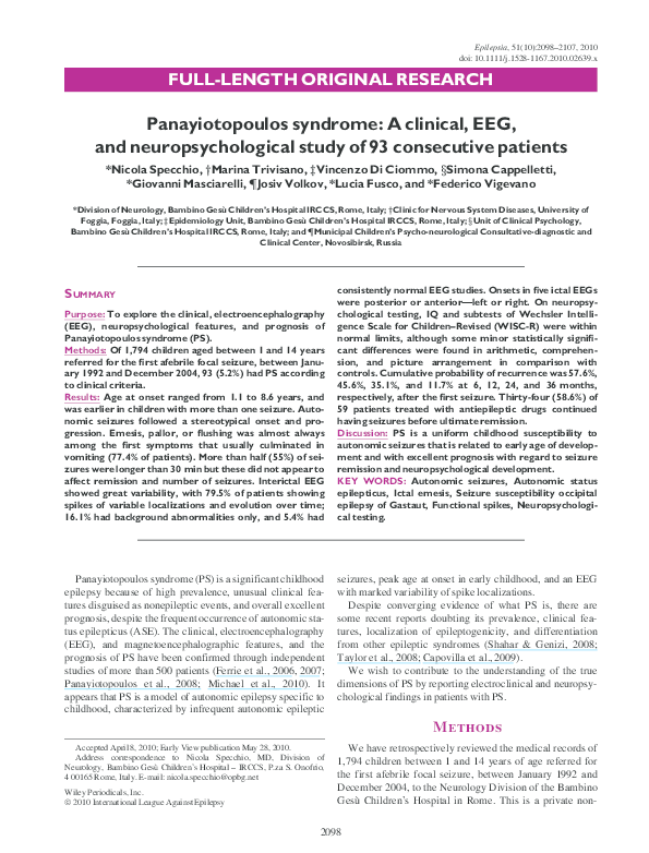 (PDF) Panayiotopoulos syndrome: A clinical, EEG, and neuropsychological ...