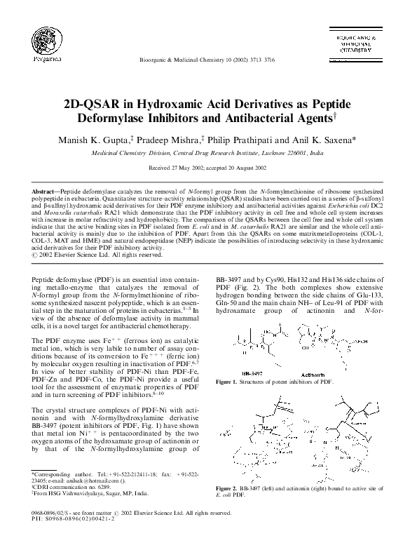 Pdf 2d Qsar In Hydroxamic Acid Derivatives As Peptide Deformylase