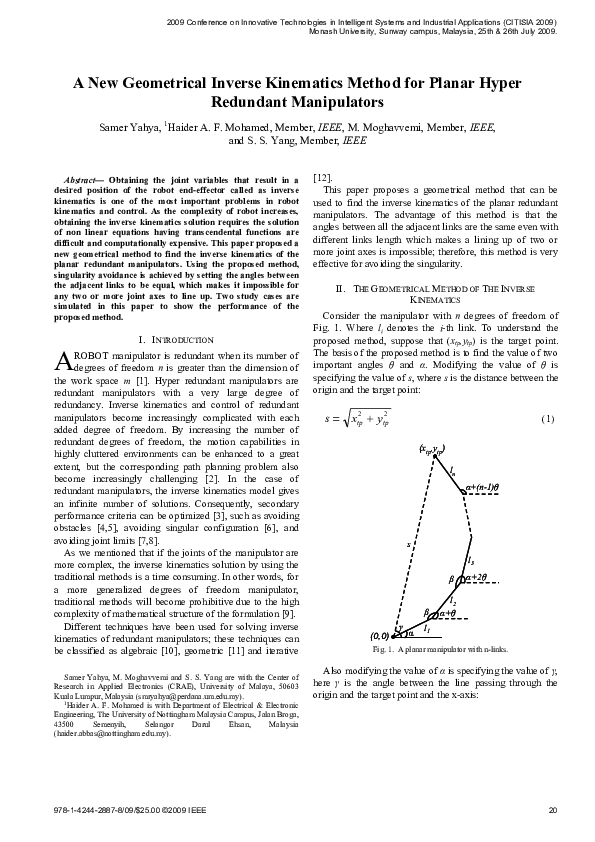 (PDF) A new geometrical inverse kinematics method for planar hyper redundant manipulators