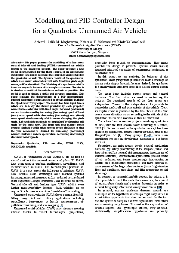 (PDF) Modelling and PID controller design for a quadrotor unmanned air vehicle