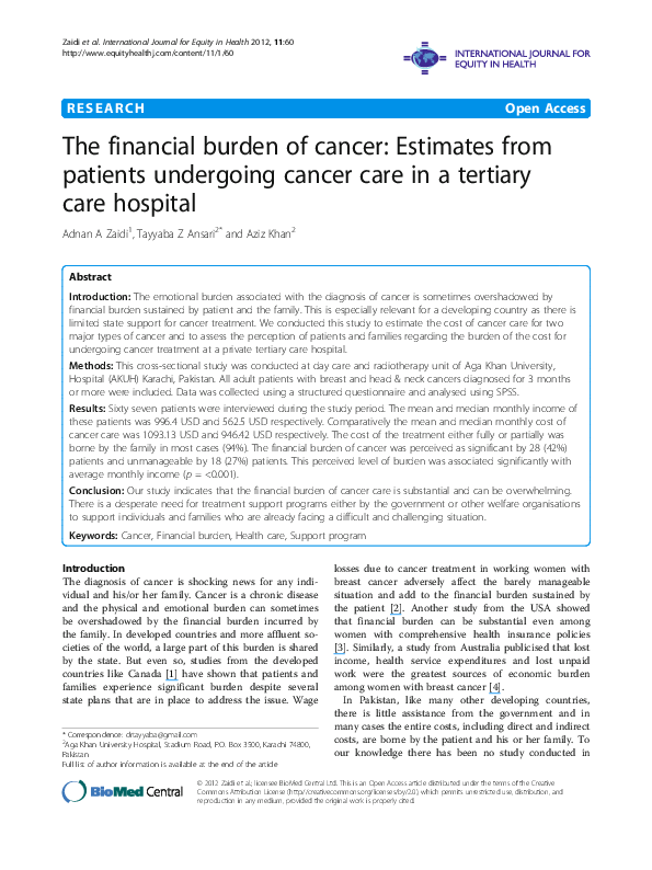 (PDF) The financial burden of cancer: Estimates from patients ...