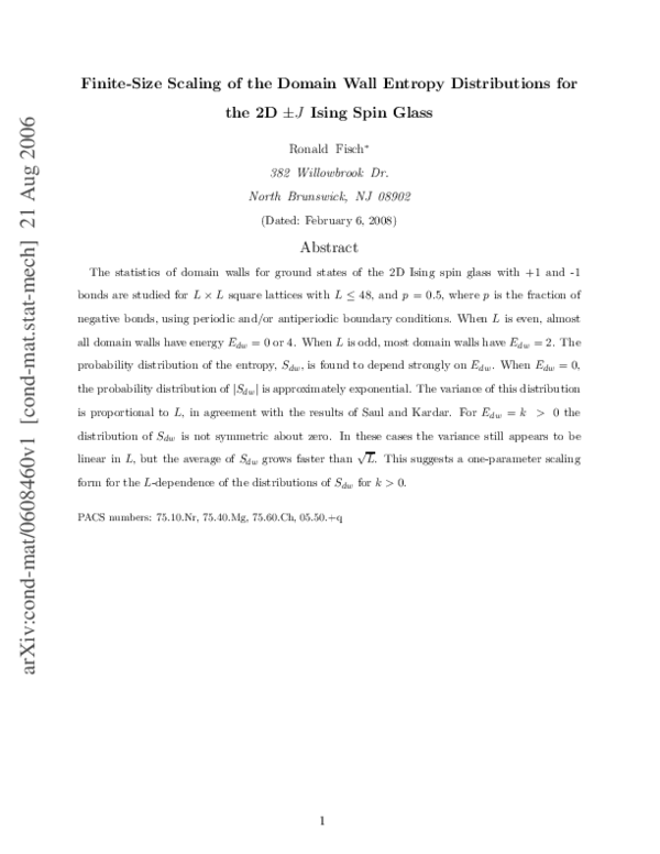 Pdf Finite Size Scaling Of The Domain Wall Entropy Distributions For