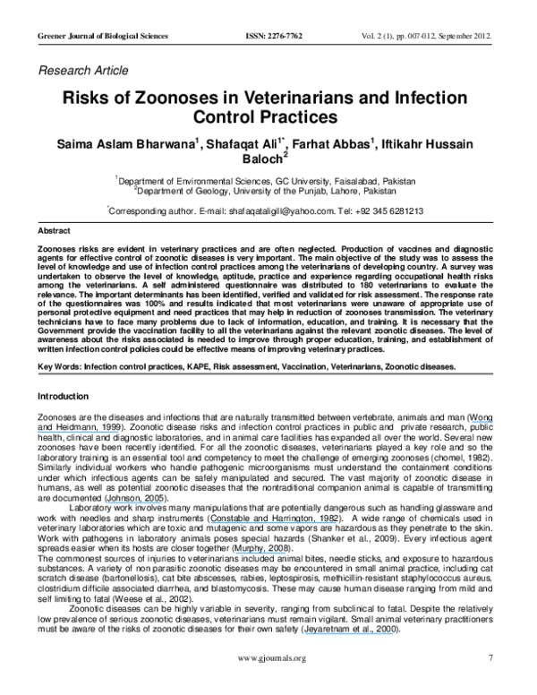 (PDF) Risks of zoonoses in veterinarians and infection control practices