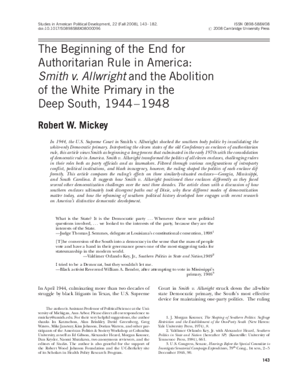 (PDF) The Beginning of the End for Authoritarian Rule in America: Smith v. Allwright and the ...