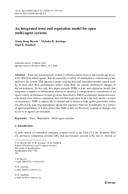 (PDF) An integrated trust and reputation model for open multi-agent systems