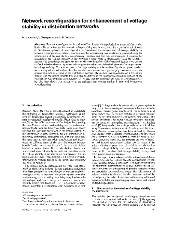 (PDF) Network reconfiguration for enhancement of voltage stability in distribution networks