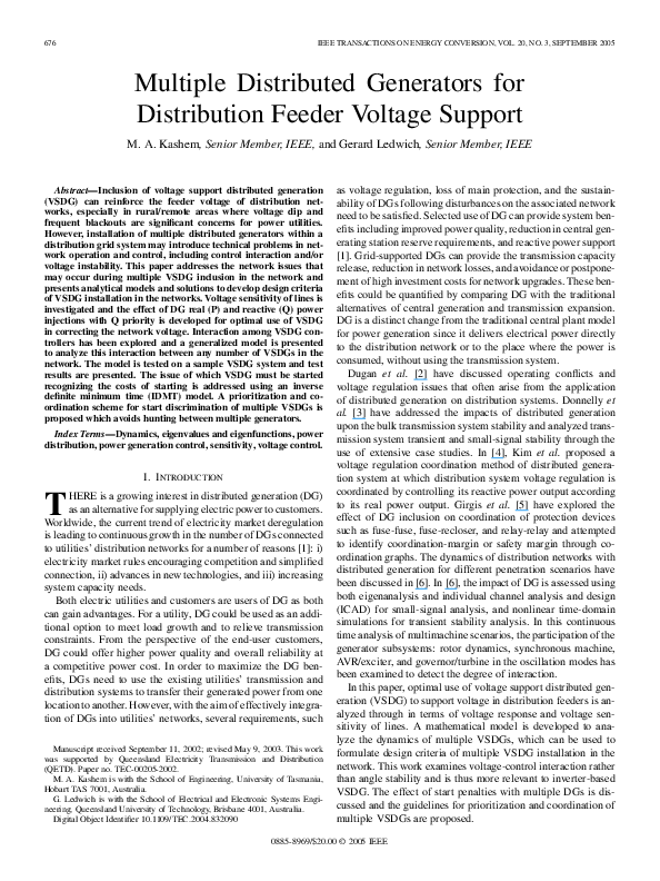 Pdf Multiple Distributed Generators For Distribution Feeder Voltage Support
