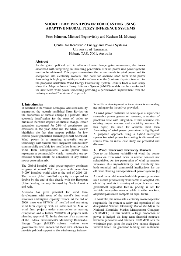 (PDF) Short term wind power forecasting using adaptive neuro-fuzzy inference systems
