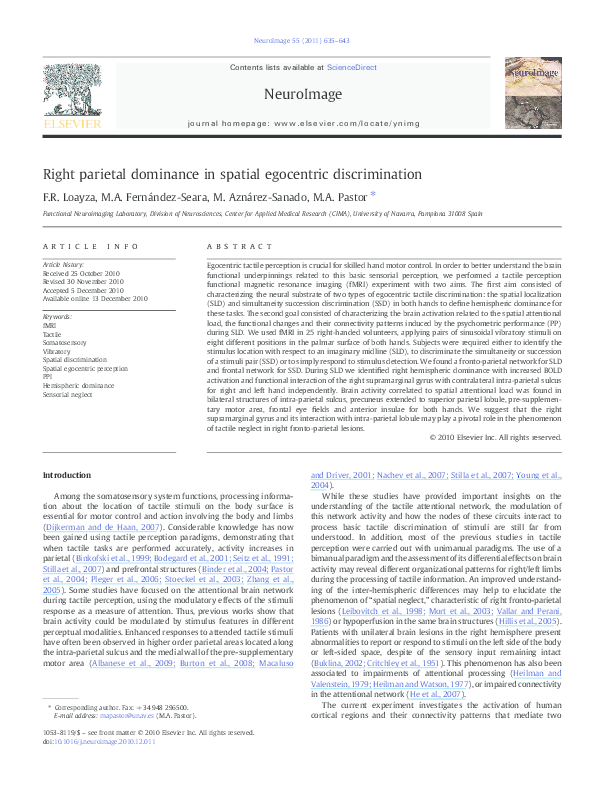 (PDF) Right parietal dominance in spatial egocentric discrimination