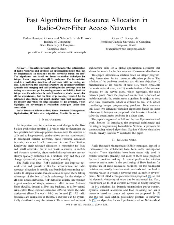 (PDF) Fast algorithms for resource allocation in radio-over-fiber ...