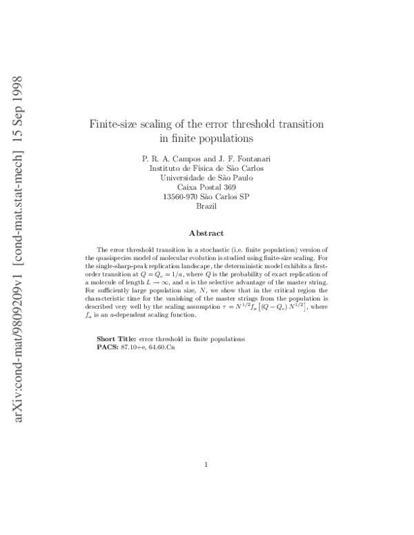 Pdf Finite Size Scaling Of The Error Threshold Transition In Finite
