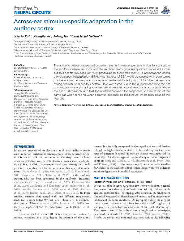 (PDF) Across-ear stimulus-specific adaptation in the auditory cortex