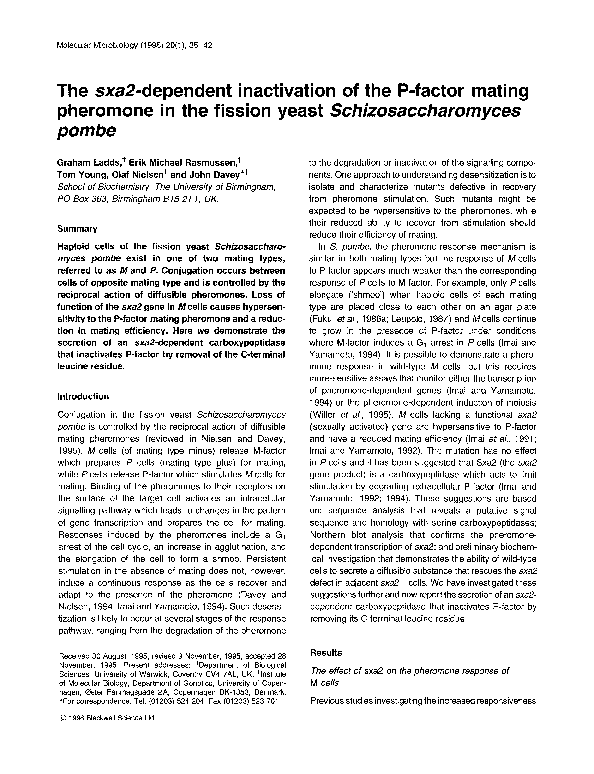 (PDF) The Sxa2-Dependent Inactivation of the P-Factor Mating Pheromone In the Fission Yeast ...