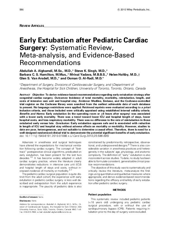 (PDF) Early Extubation after Pediatric Cardiac Surgery: Systematic ...