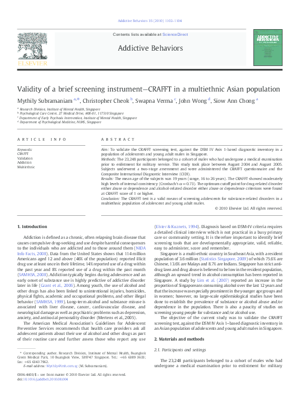 (PDF) Validity of a brief screening instrument—CRAFFT in a multiethnic ...