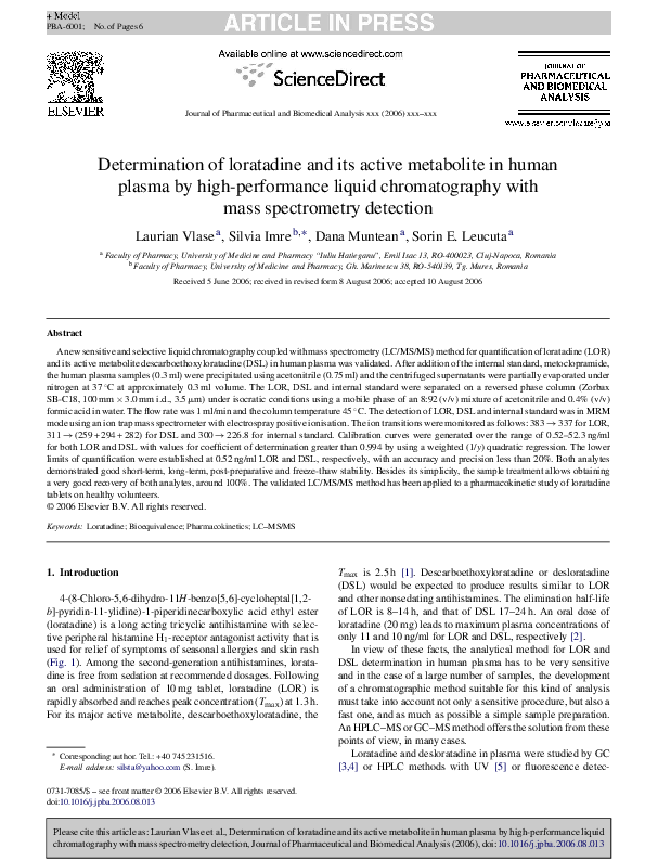 Pdf Determination Of Loratadine And Its Active Metabolite In Human Plasma By High Performance