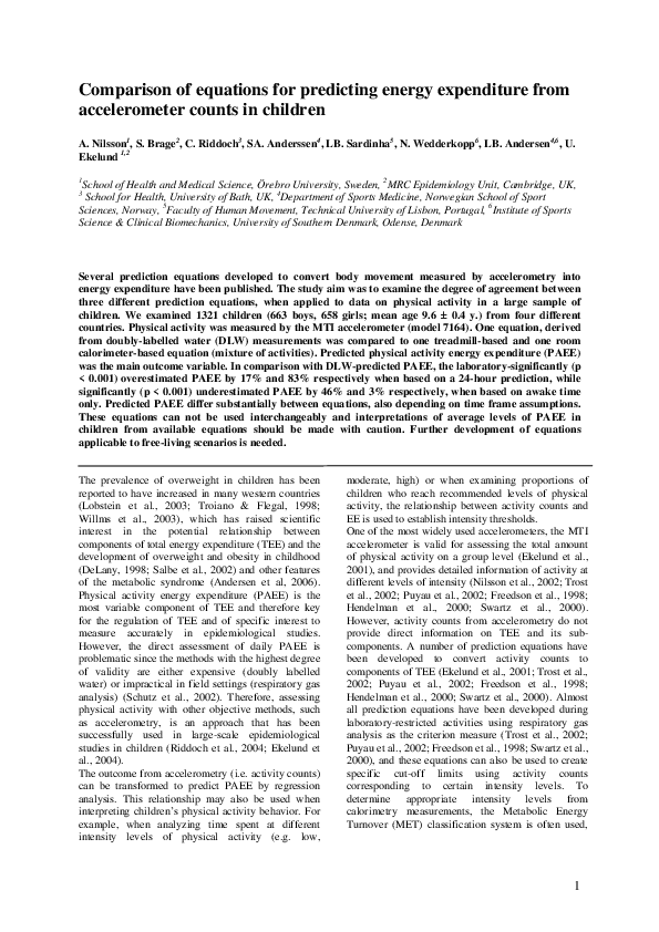 Pdf Comparison Of Equations For Predicting Energy Expenditure From Accelerometer Counts In
